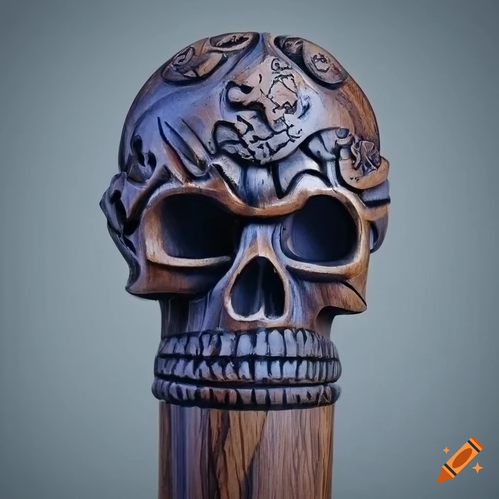 Carved norse art style wooden skull with blue spirits