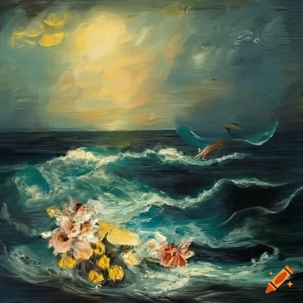 Oil painting of flowers on stormy sea on Craiyon