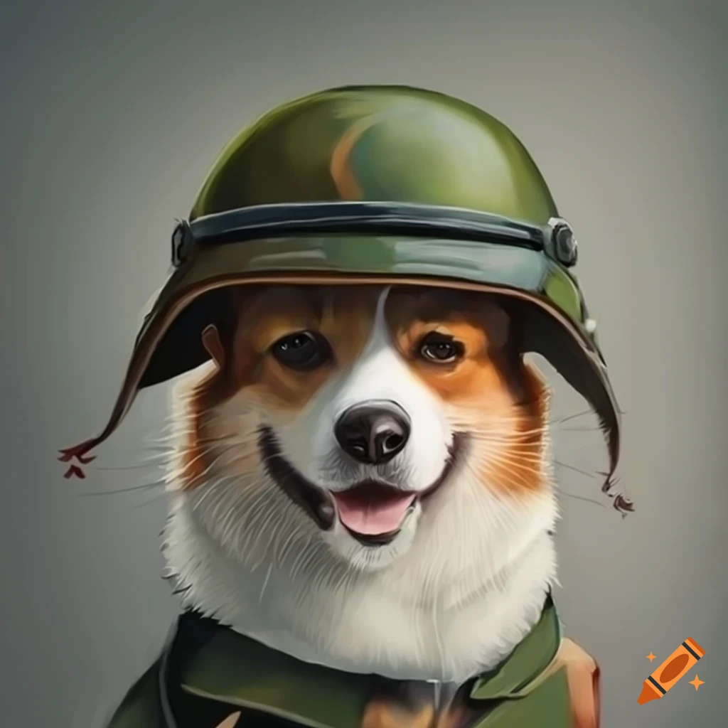 Hyper realistic portrait of a corgi wearing an army helmet on Craiyon