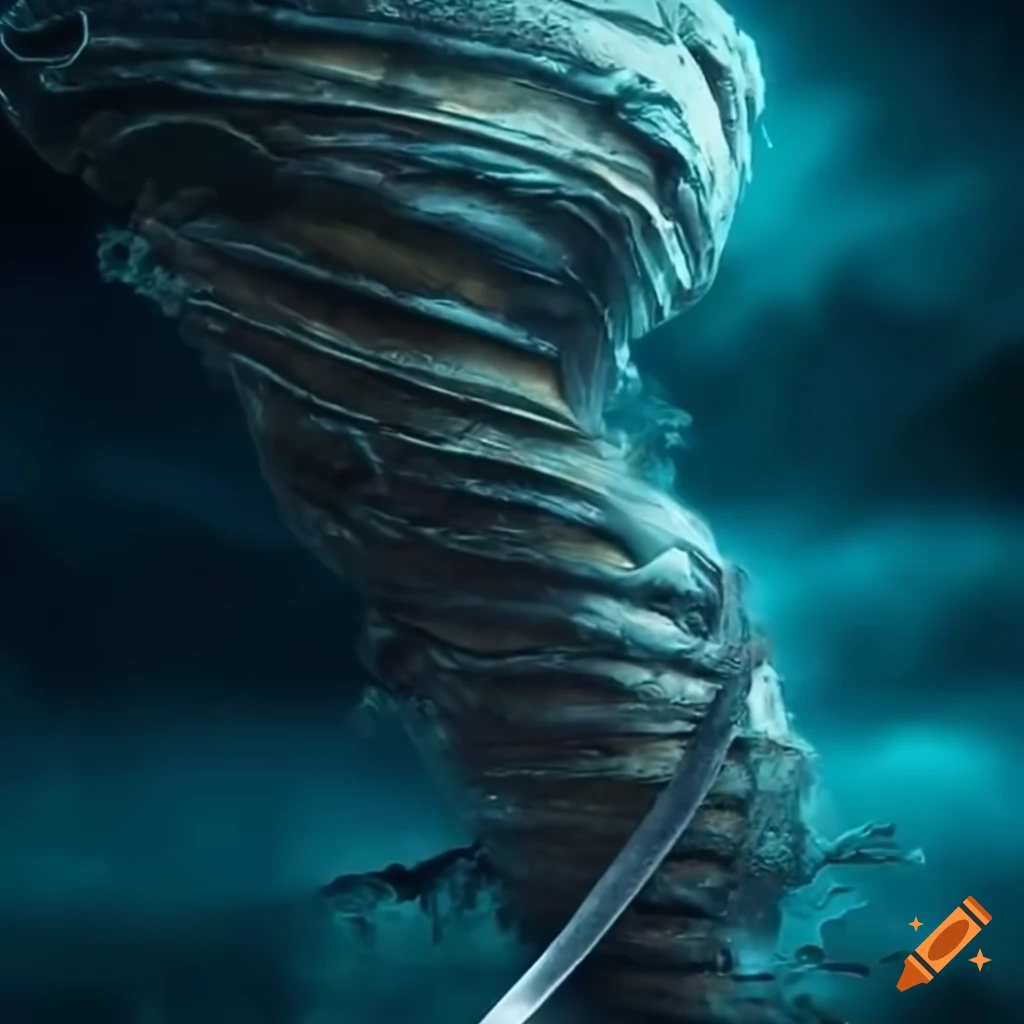 Illustration of a tornado made of swords and axes on Craiyon