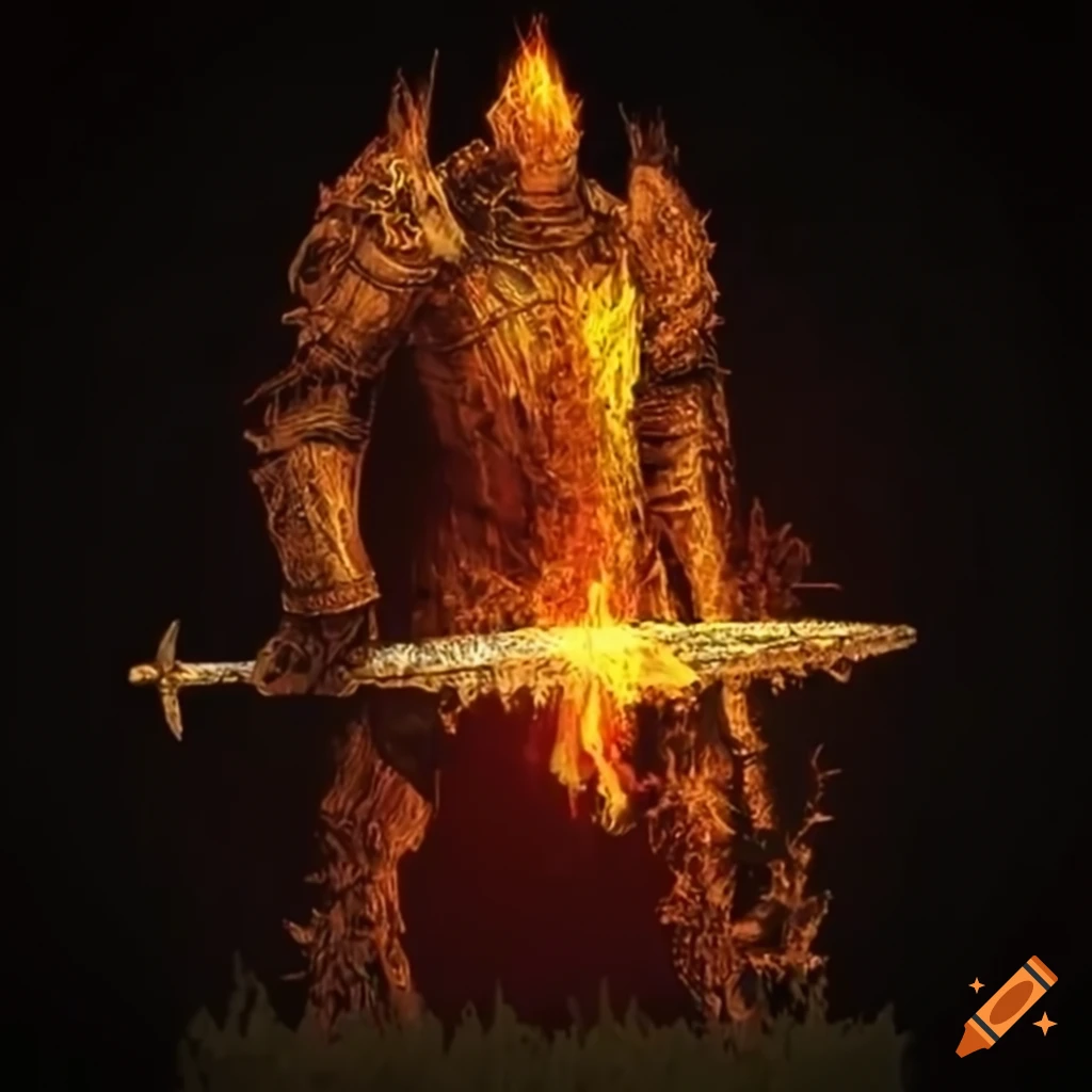 Burning knight with a golden sword on Craiyon