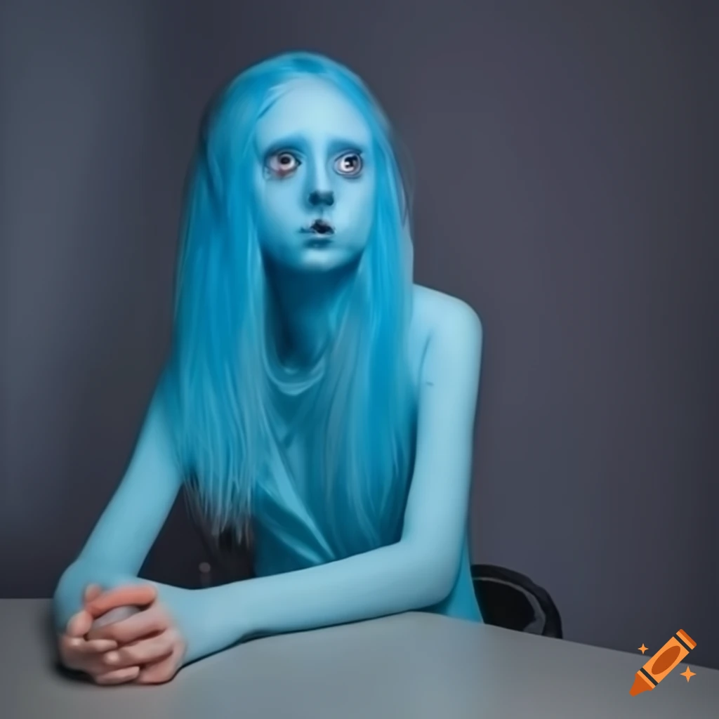 Realistic depiction of a blue ghost girl at a desk on Craiyon