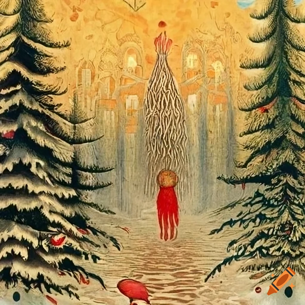 Highly detailed intricate festive christmas forest scene with native ...