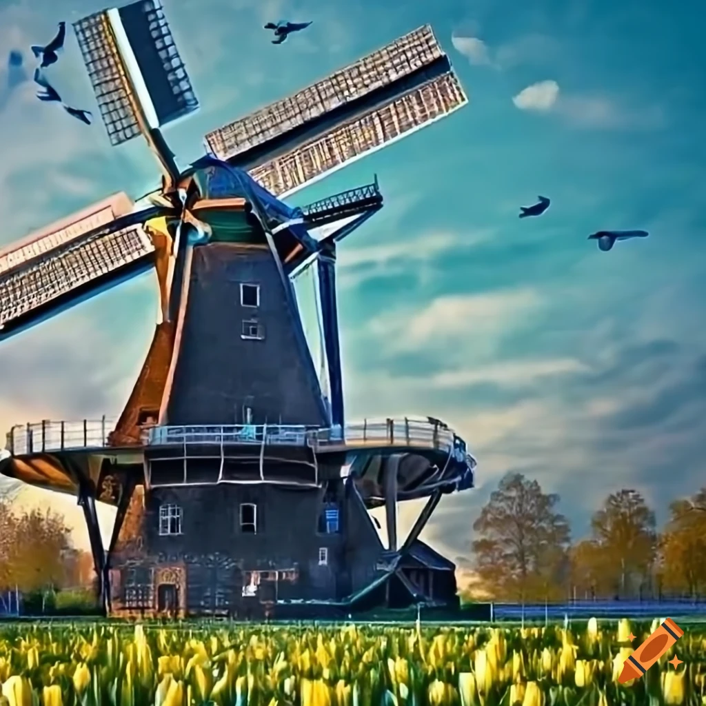 Intricate 3d digital artwork of a dutch windmill and nature