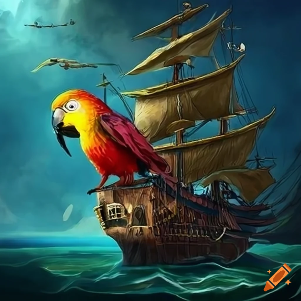 Epic illustration of a parrot captain on a pirate ship on Craiyon