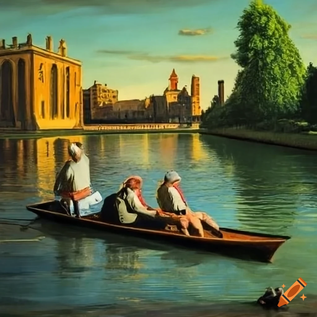 Surrealist painting of two people shaking hands in a punt on Craiyon