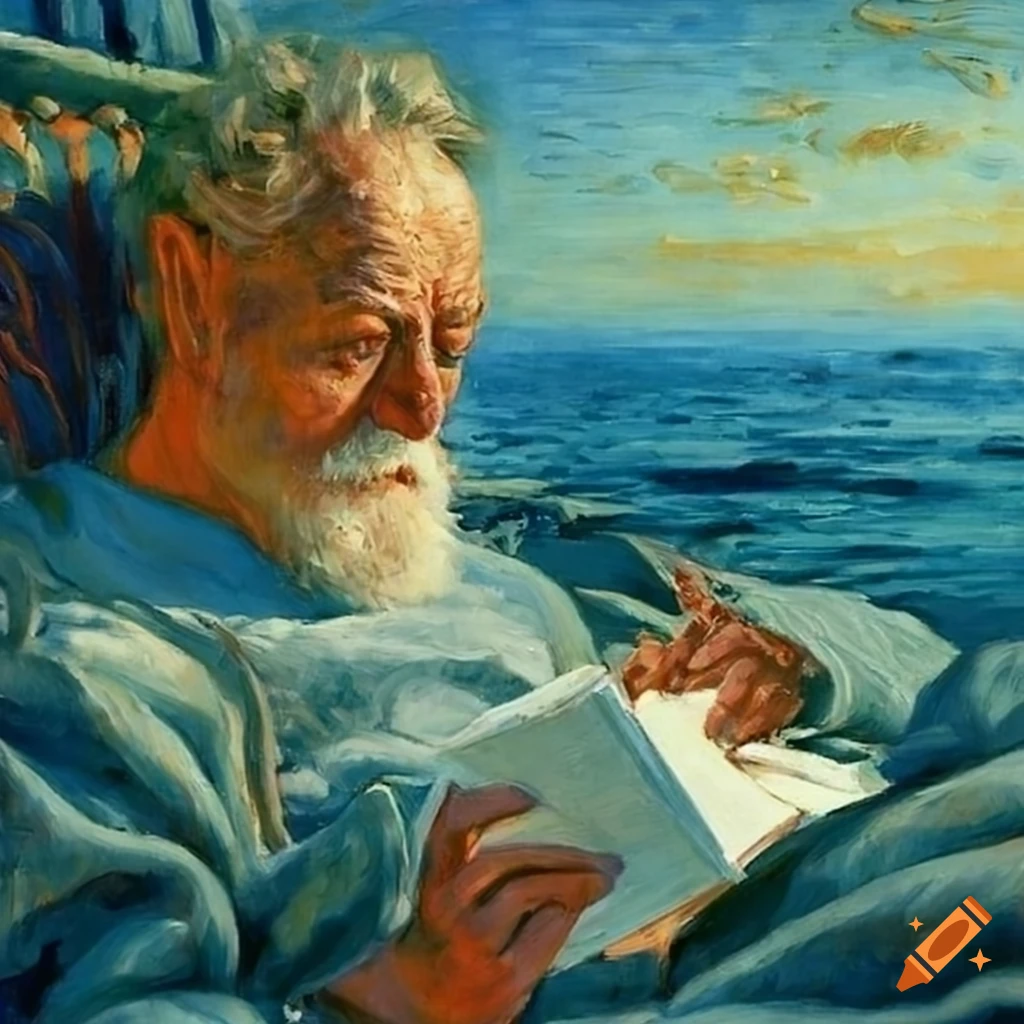 Impressionist painting of an old man reading letters in bed on Craiyon