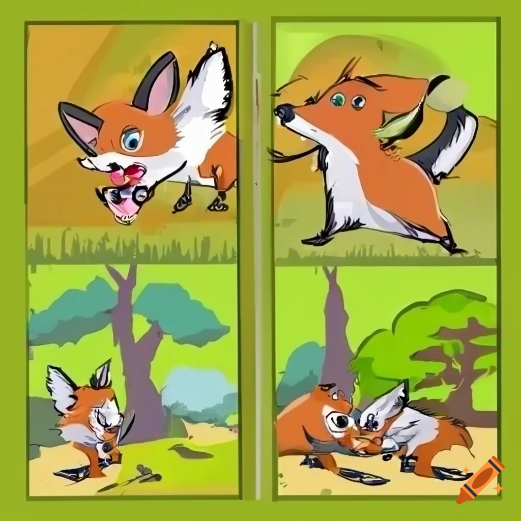 Colorful comic strip with fox adventures on Craiyon