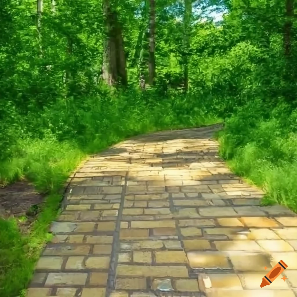 Pathway of yellow bricks in a forest