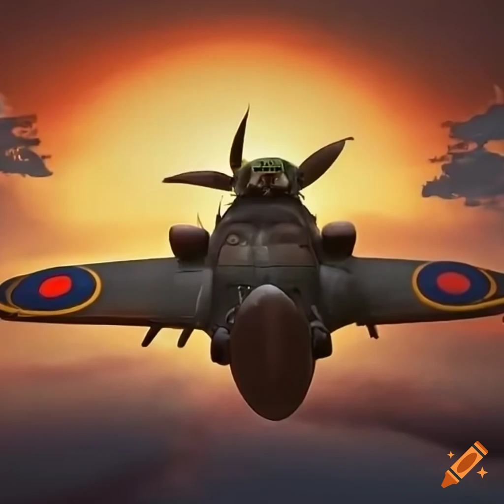 Grogu riding a spitfire in a sunset