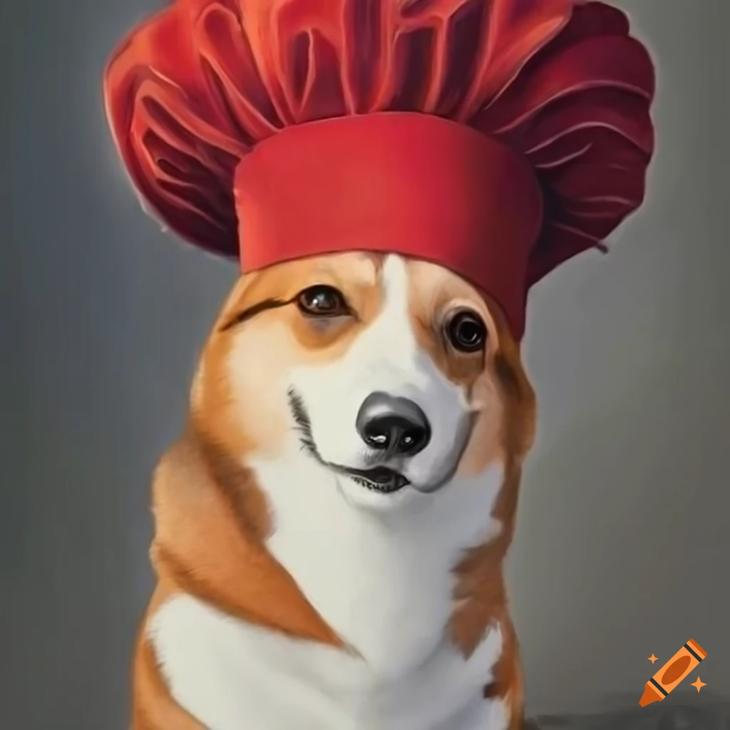 Hyper realistic portrait of a corgi with a red chef's hat on Craiyon