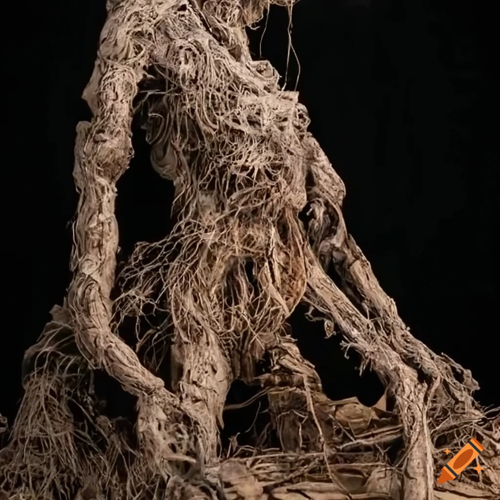 Close-up of a distorted figure caught in a web sculpture on Craiyon