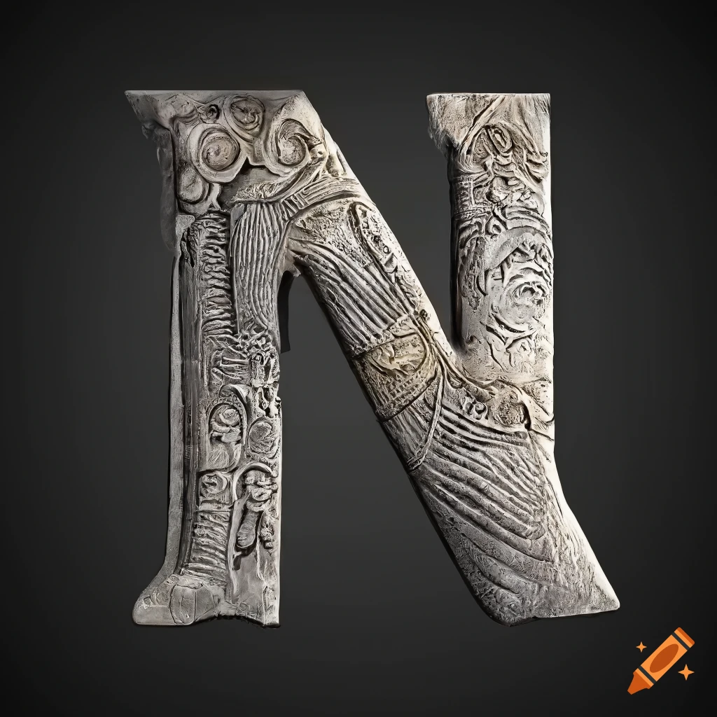 Ultra realistic engraved stone letter "l" with etruscan masks
