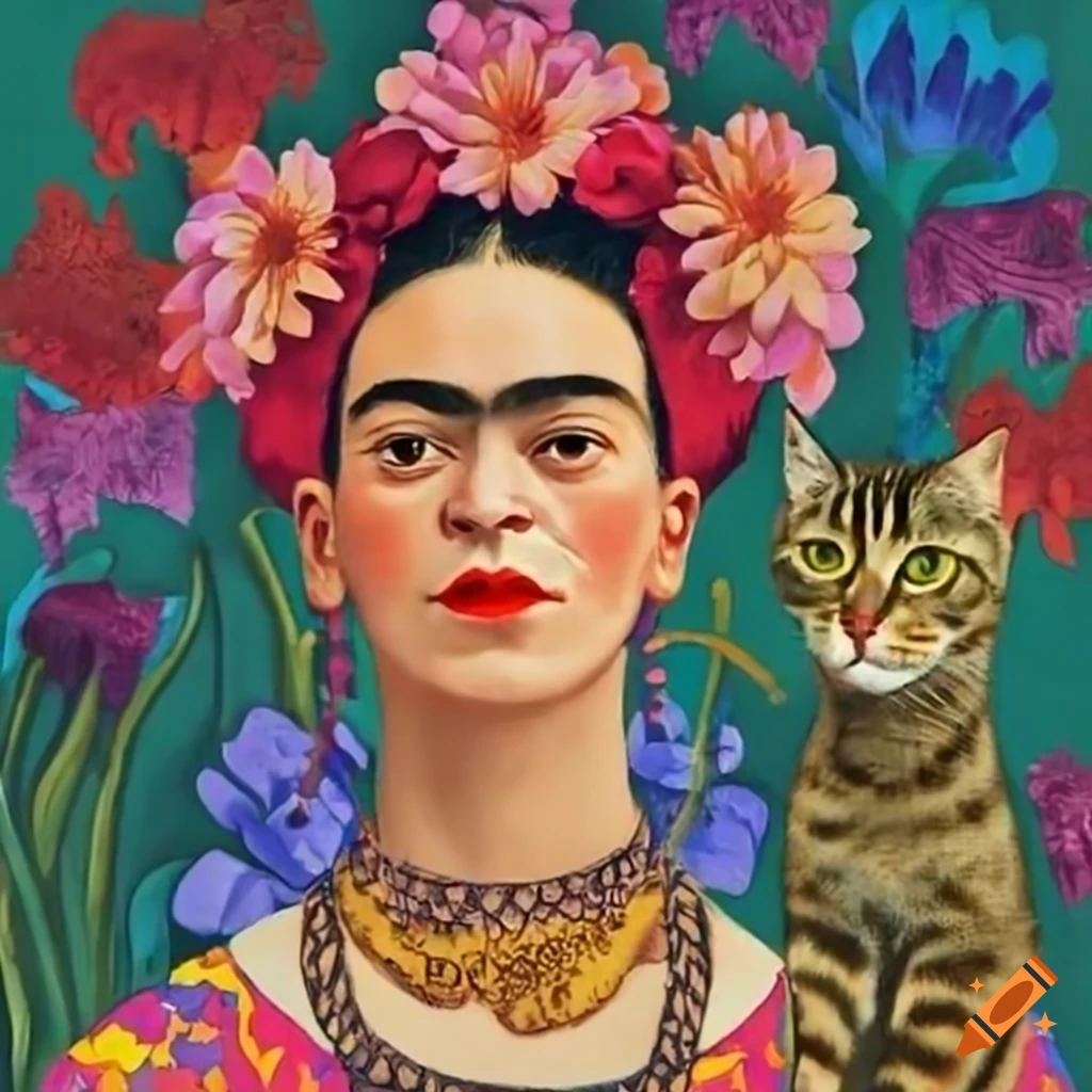 Colorful painting of frida kahlo with flowers and a cat