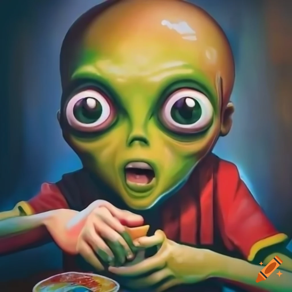 Surreal painting of alien holding a heart with bright colors on Craiyon