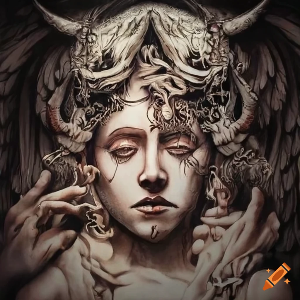 Artwork of a conflicted deity with angel and devil on Craiyon