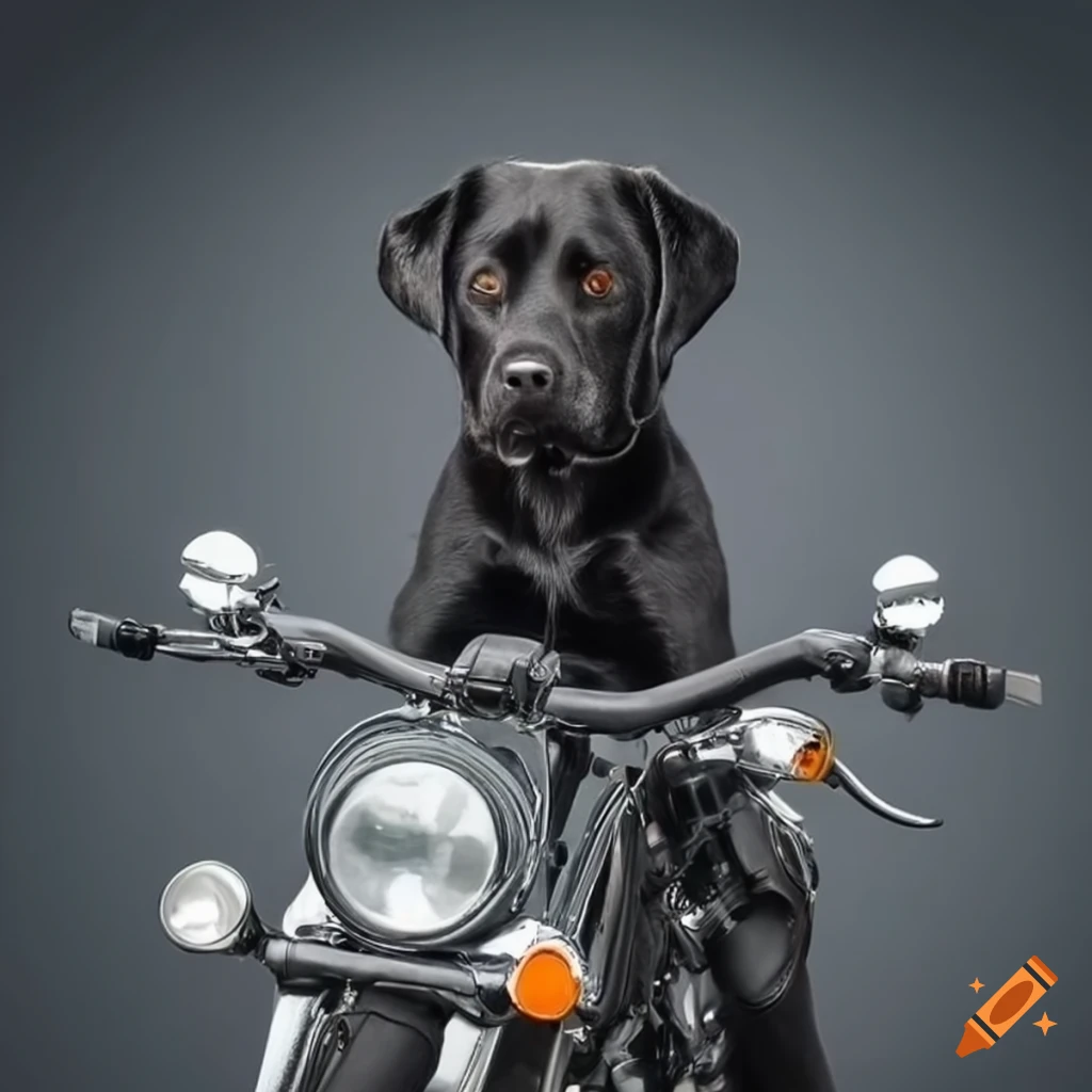 Black labrador retriever on a motorcycle