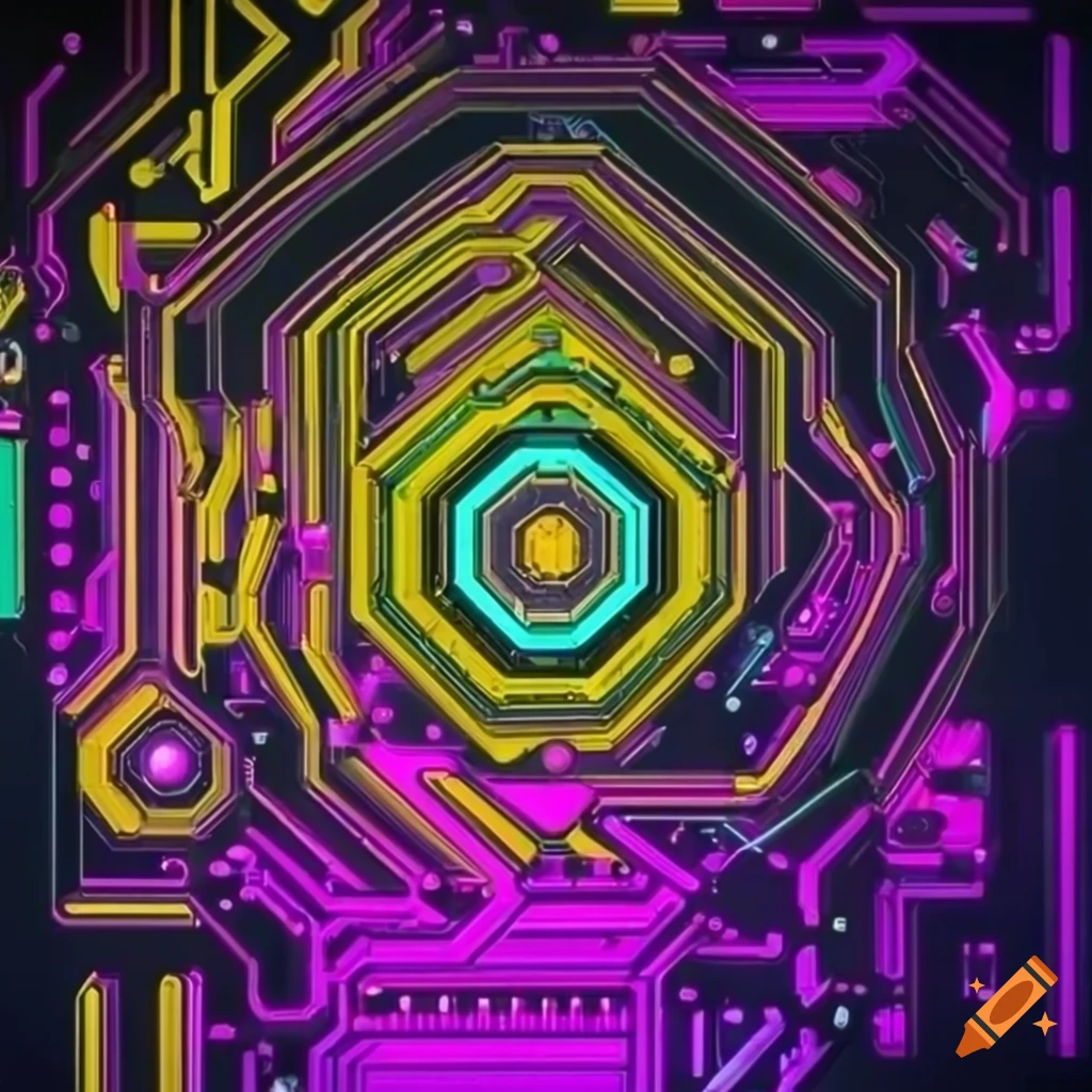 Futuristic cyberpunk circuit board in yellow and fuchsia