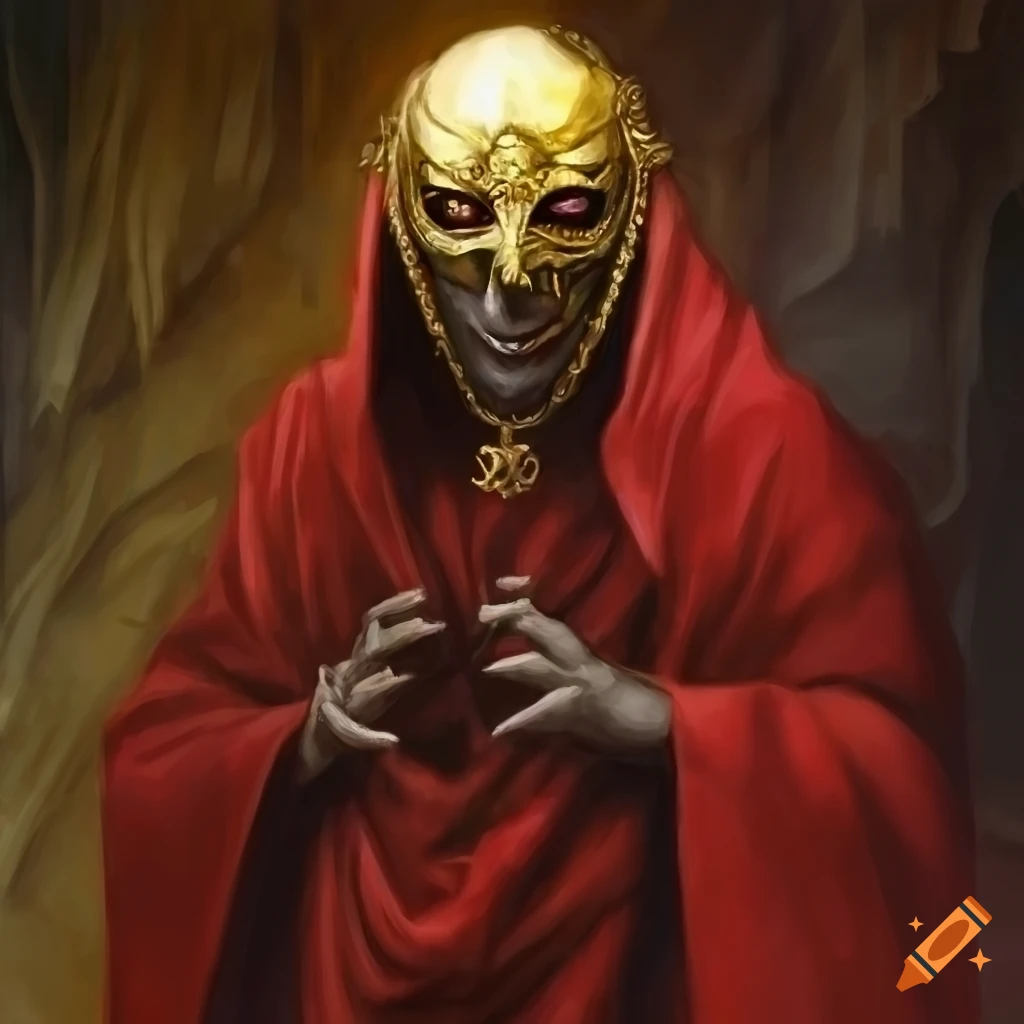 Painting of a dark priest in a red robe and golden mask on Craiyon