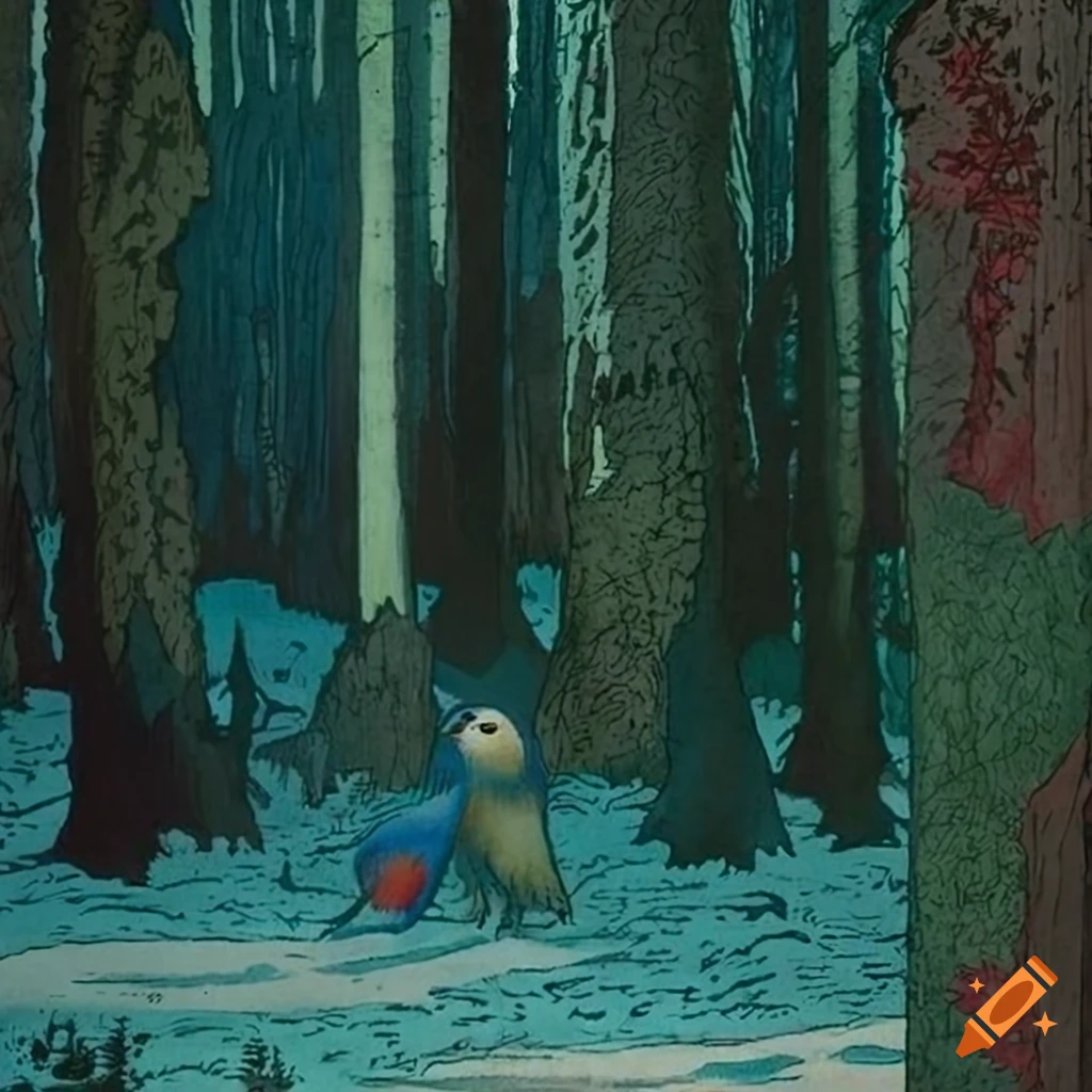 Illustration of a forest scene with native salish and russian fairytale ...