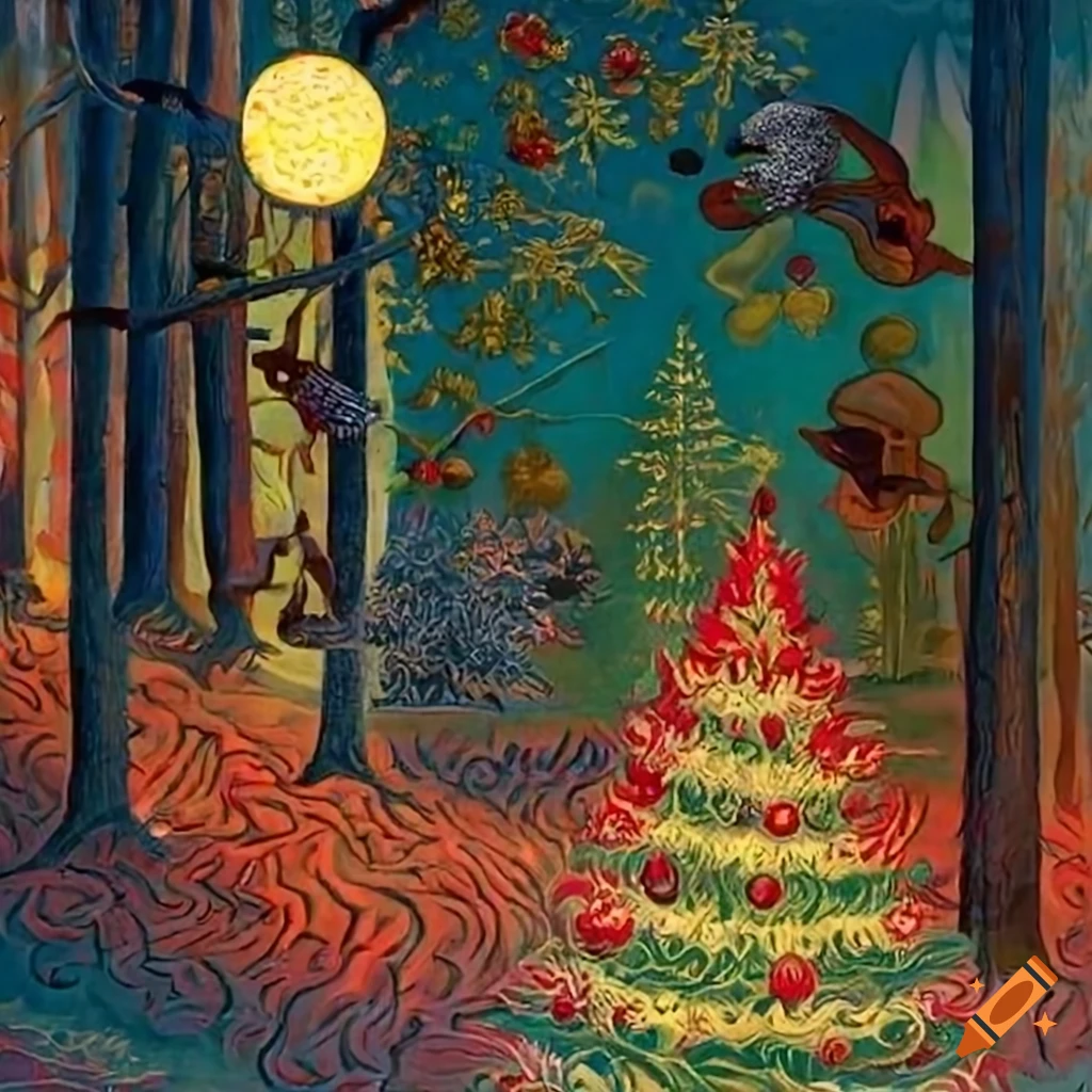 Festive Christmas forest scene with Native Salish and Russian fairytale ...