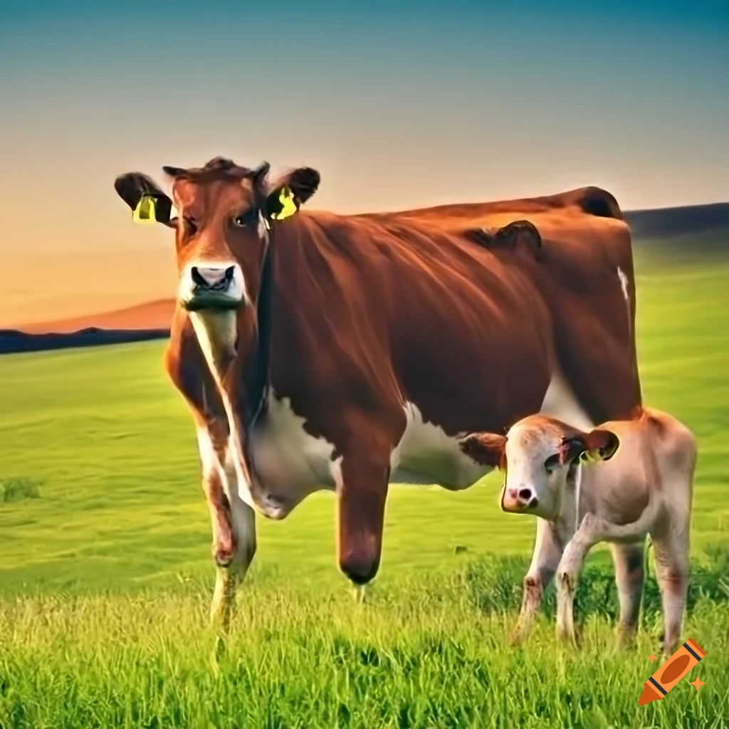 Portrait of a cow and calf in an open field on Craiyon