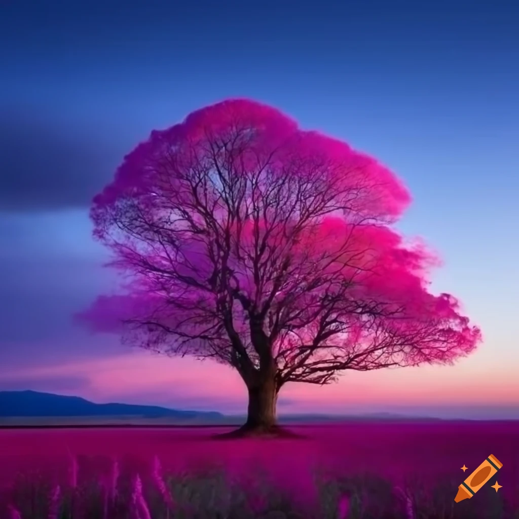 Image d'un ciel rose avec un arbre bleu au milieu d'une prairie ...