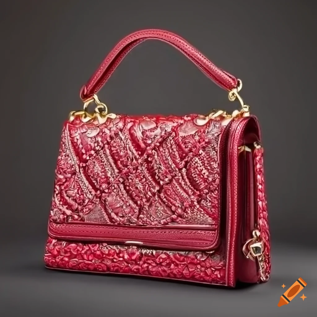Cherry red shoulder bag with floral details and pearls on Craiyon