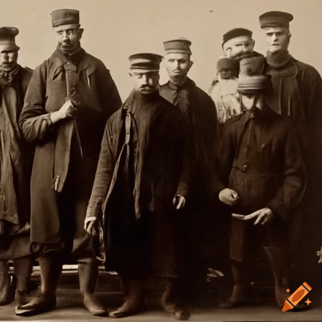 Grainy photo of a whaling crew covered in whale blood on Craiyon