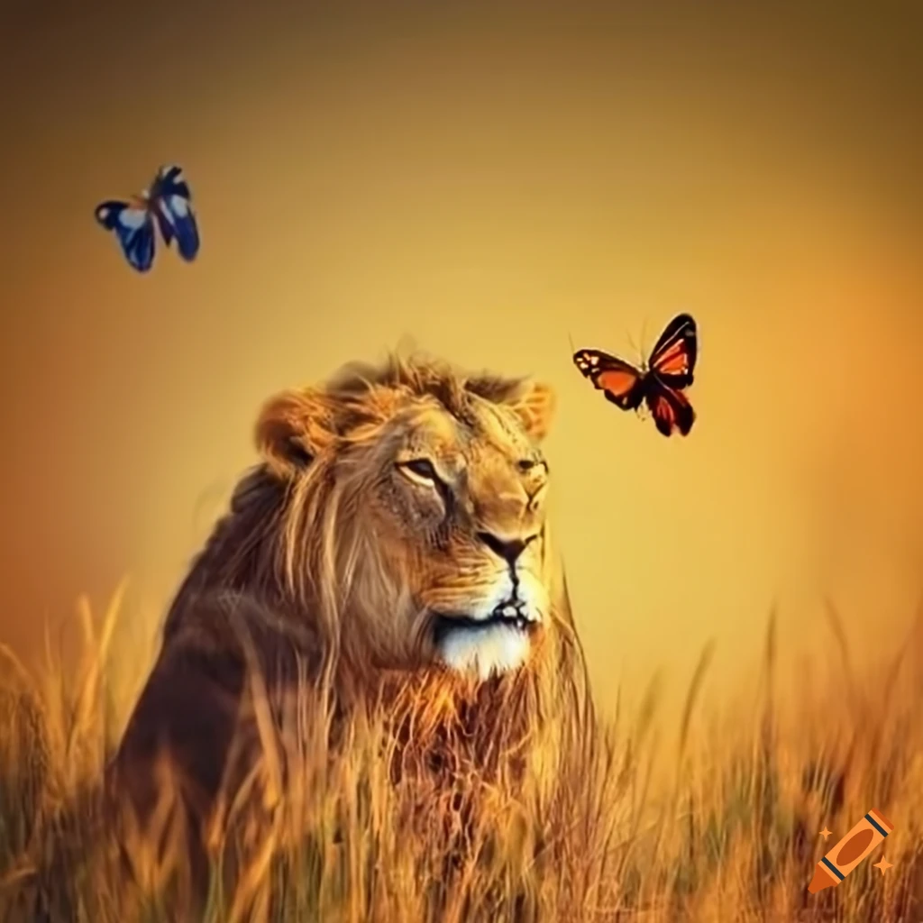 Butterflies in a field with a lion and a maiden