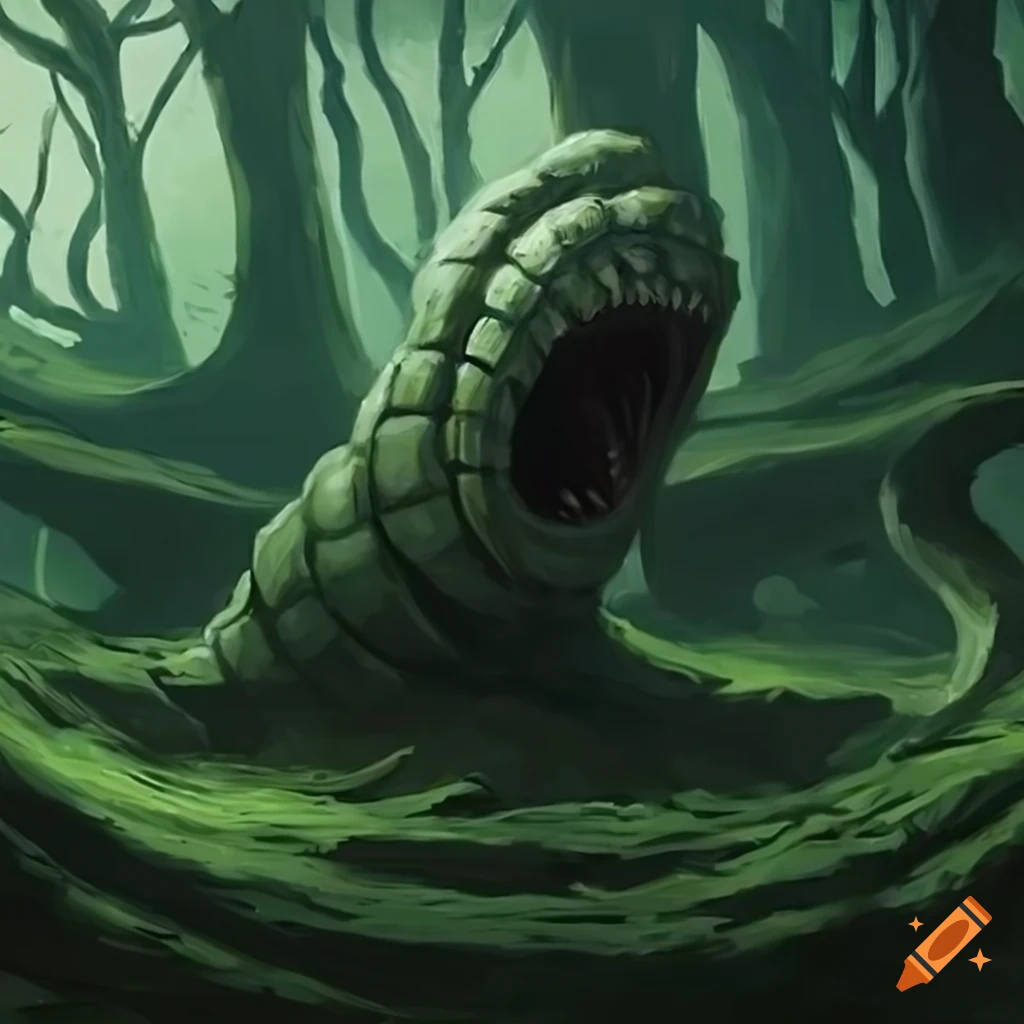 Art of a giant worm in a dark swamp on Craiyon