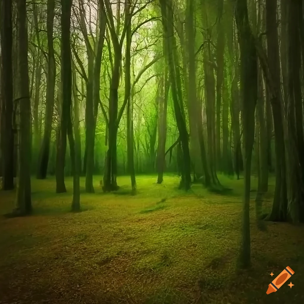 Woods, bushes, trees, grass, greek gate on Craiyon