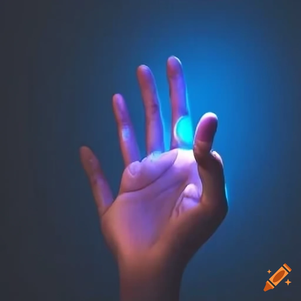 Hand searching for a blue light in the darkness