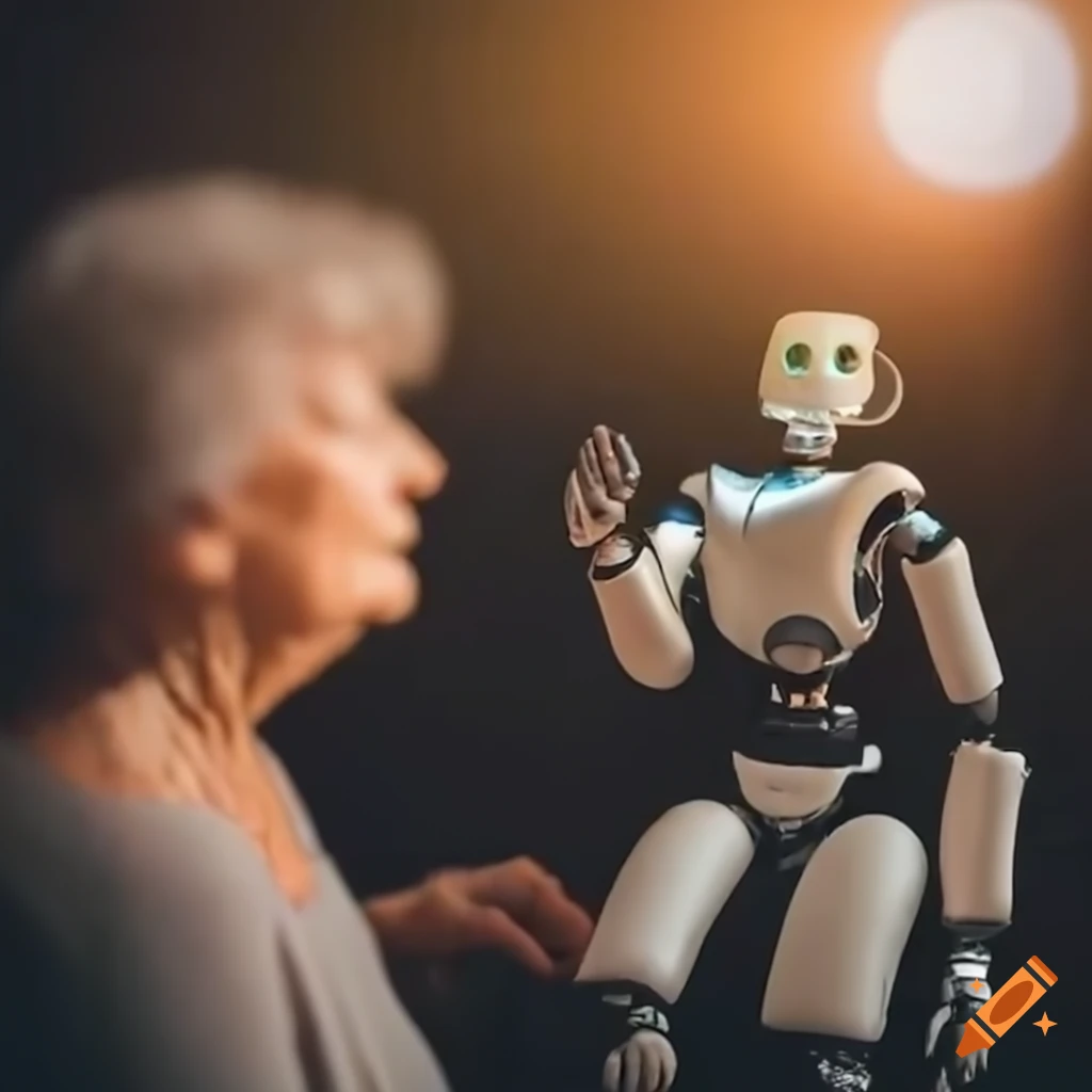 An elderly humanoid robot, smiling and holding a cane on Craiyon
