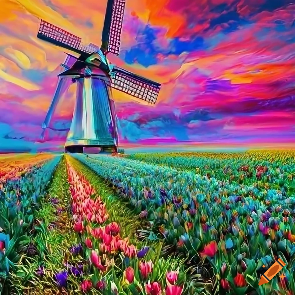 Abstract 3D art of dutch windmills and tulip field on Craiyon
