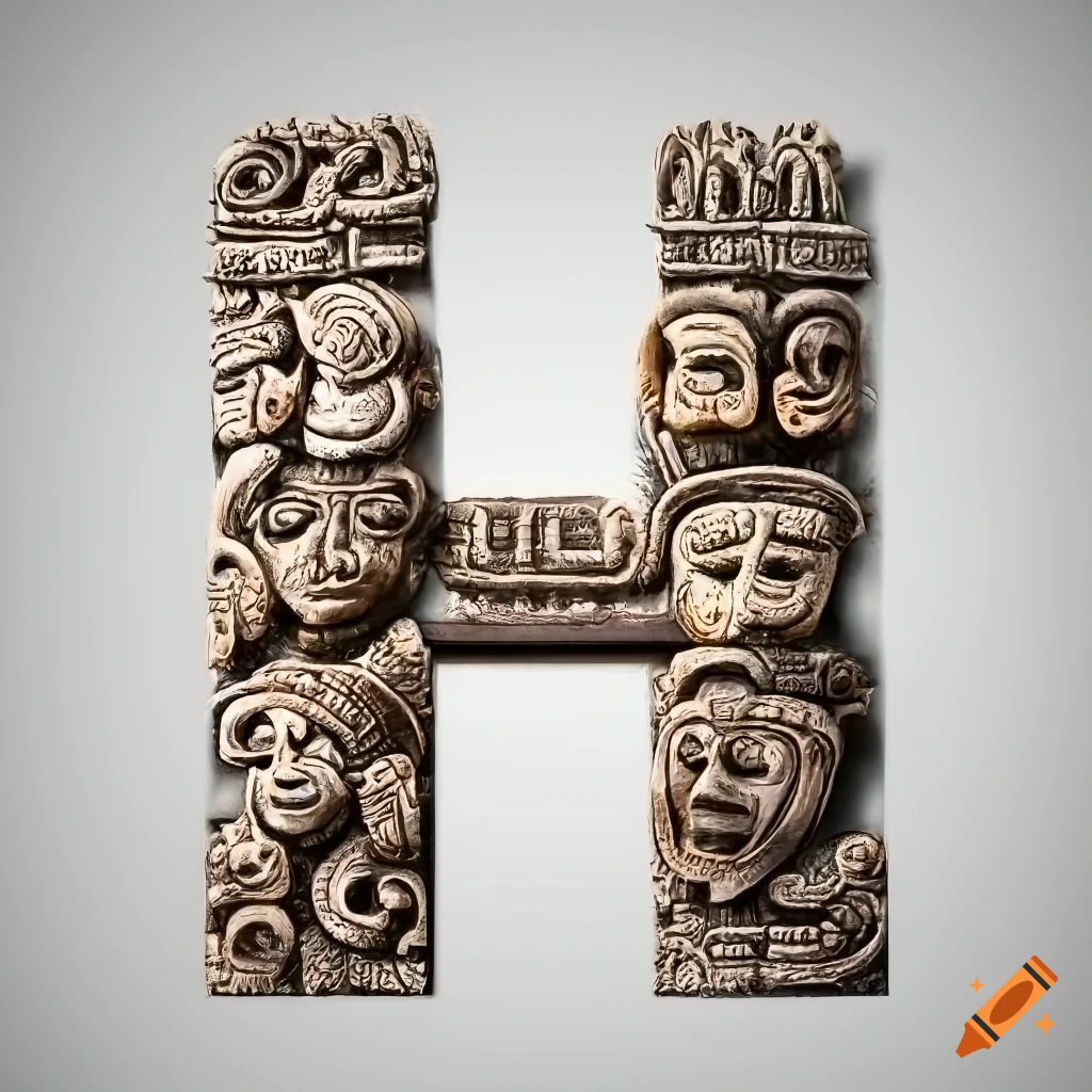 Realistic stone letter 'M' with Mayan masks on Craiyon