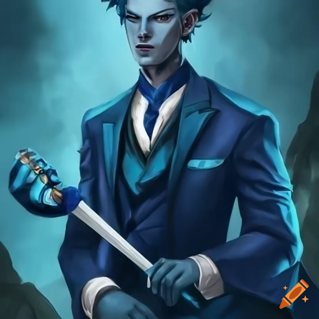 Illustration of a handsome merfolk with blue skin and a sword on Craiyon