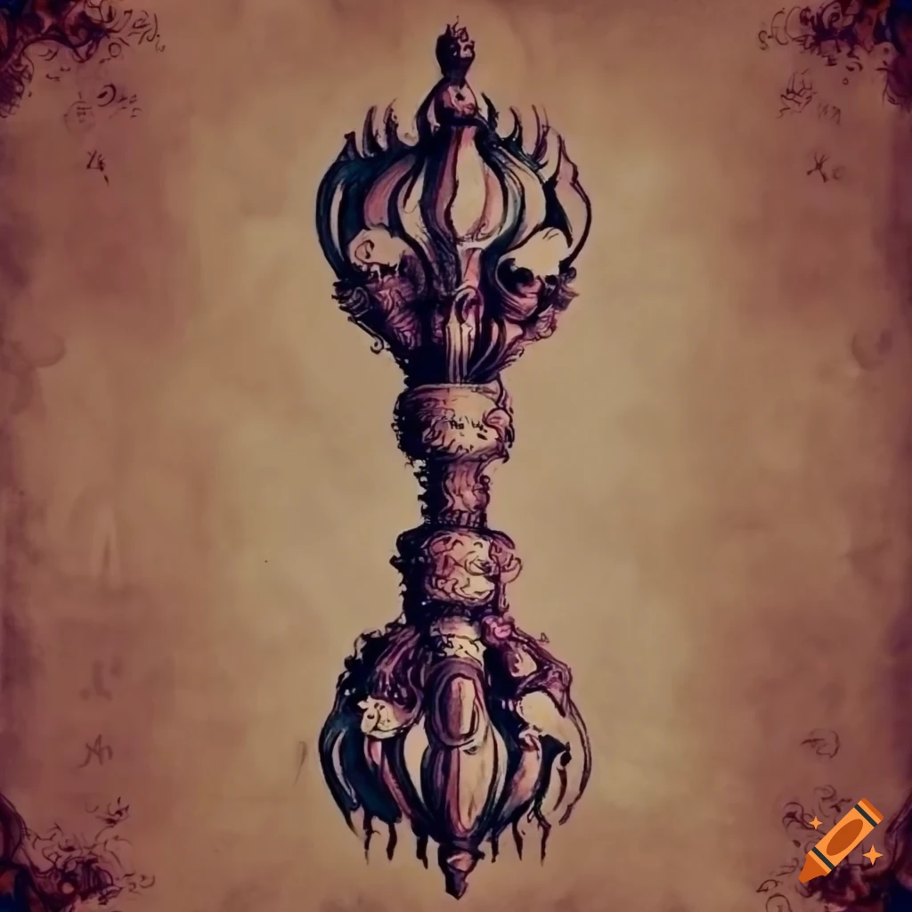 Sketch of a vajra on aged parchment on Craiyon