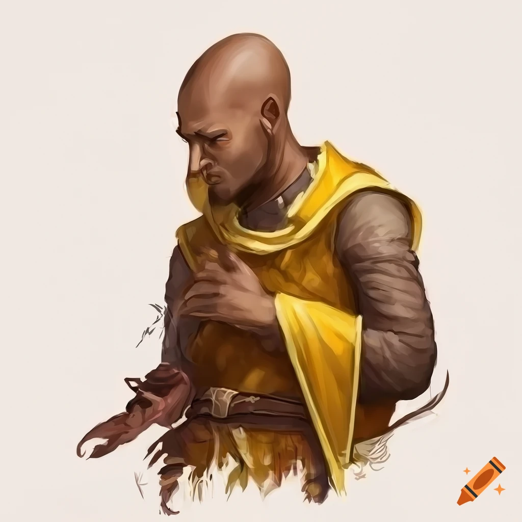 Artwork of a male monk in yellow and brown robes