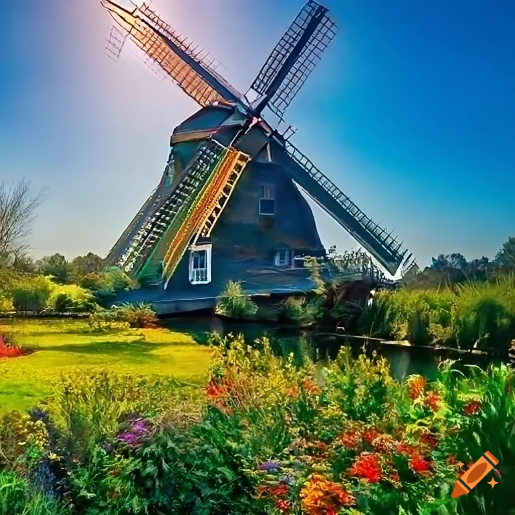 Vibrant abstract painting of a Dutch windmill and lush garden on Craiyon