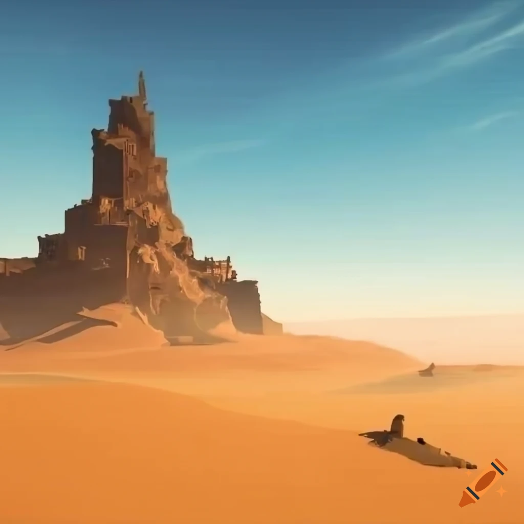 Desert landscape with a ruined tower and sandstorm approaching on Craiyon