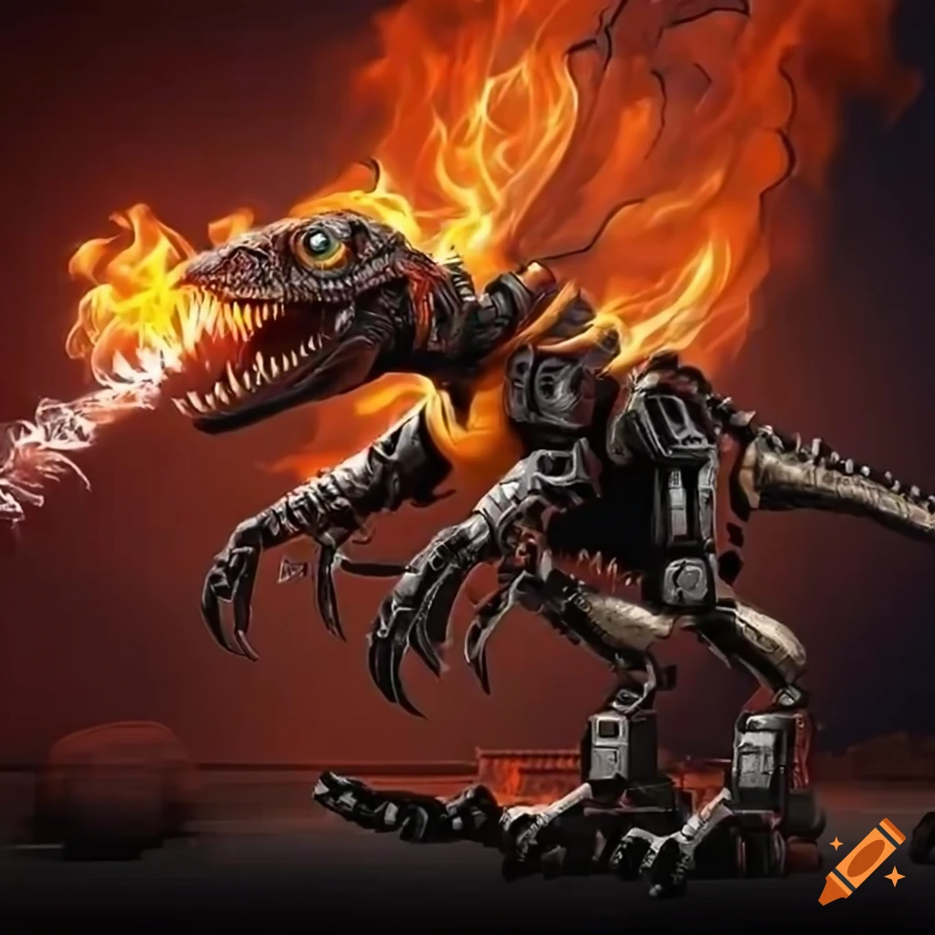 Mechanical velociraptor with flame throwers on Craiyon