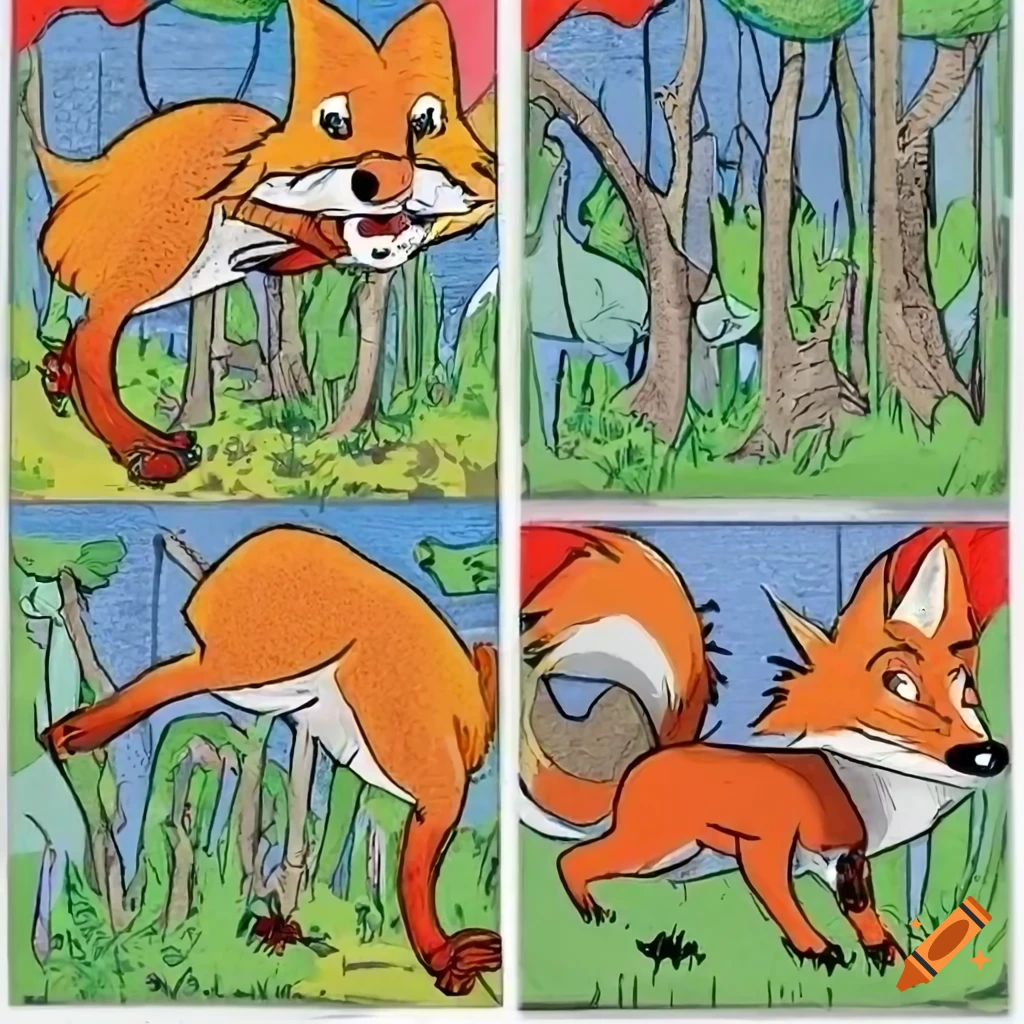 Colorful comic strip of a fox's forest adventures on Craiyon