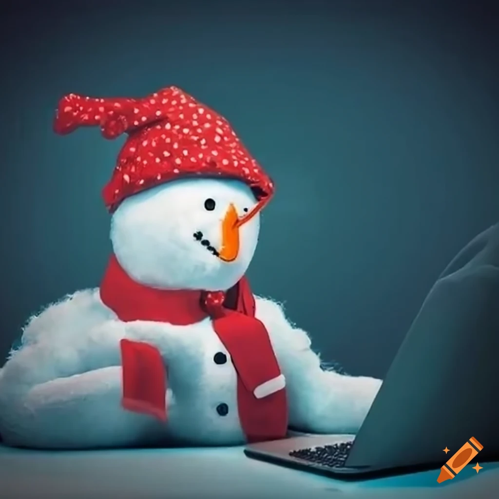 Funny snowman-student working on a computer on Craiyon