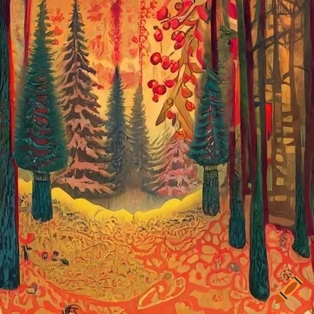 Illustration of festive christmas forest with native salish and russian ...