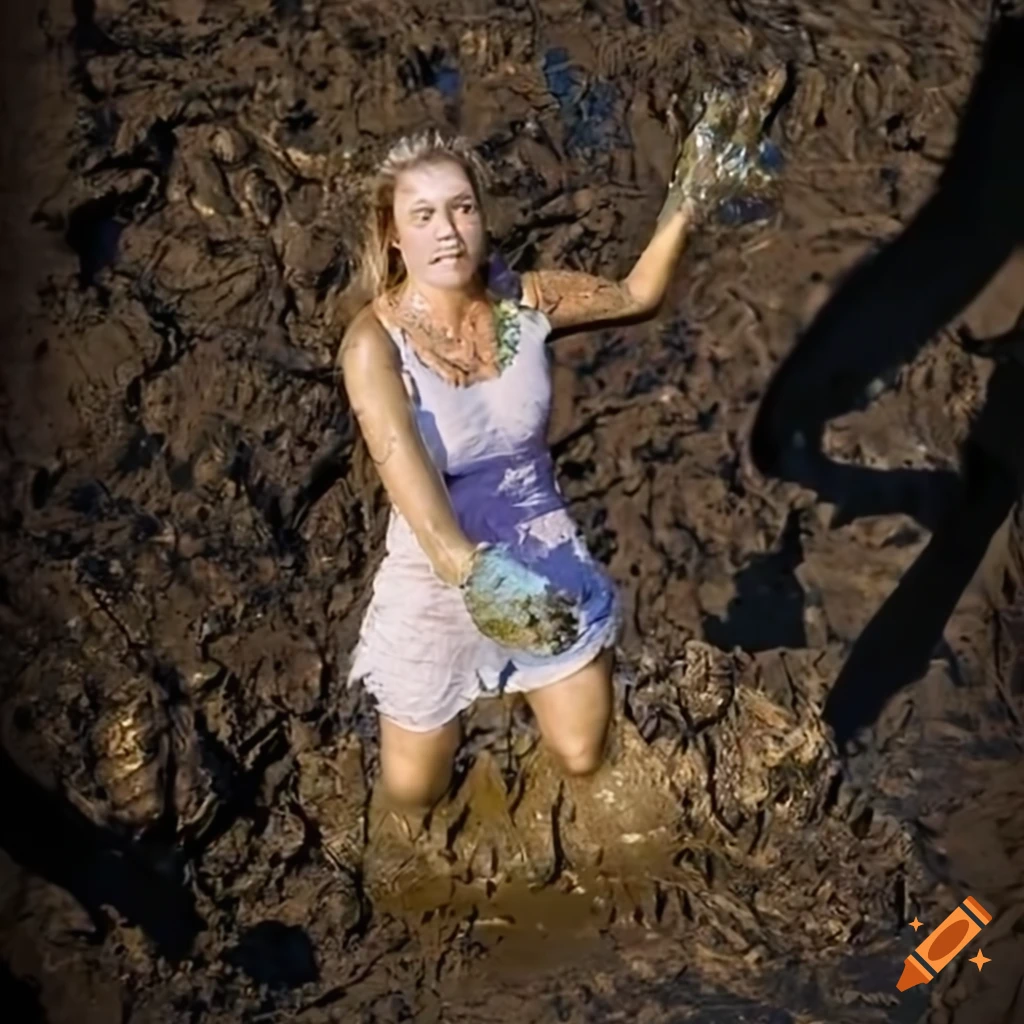 Woman in denim skirt covered in mud on Craiyon