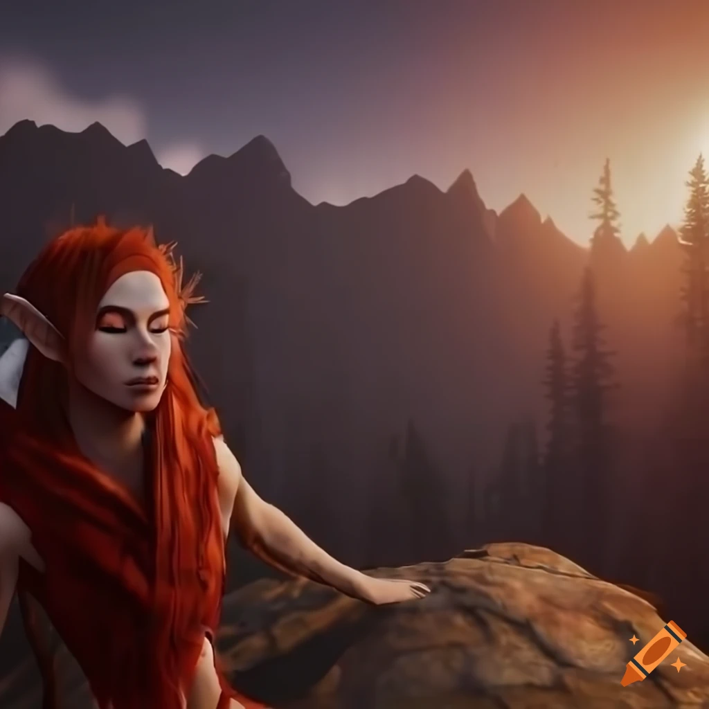 Digital art of a red-haired elf girl meditating in a sci-fi forest on ...