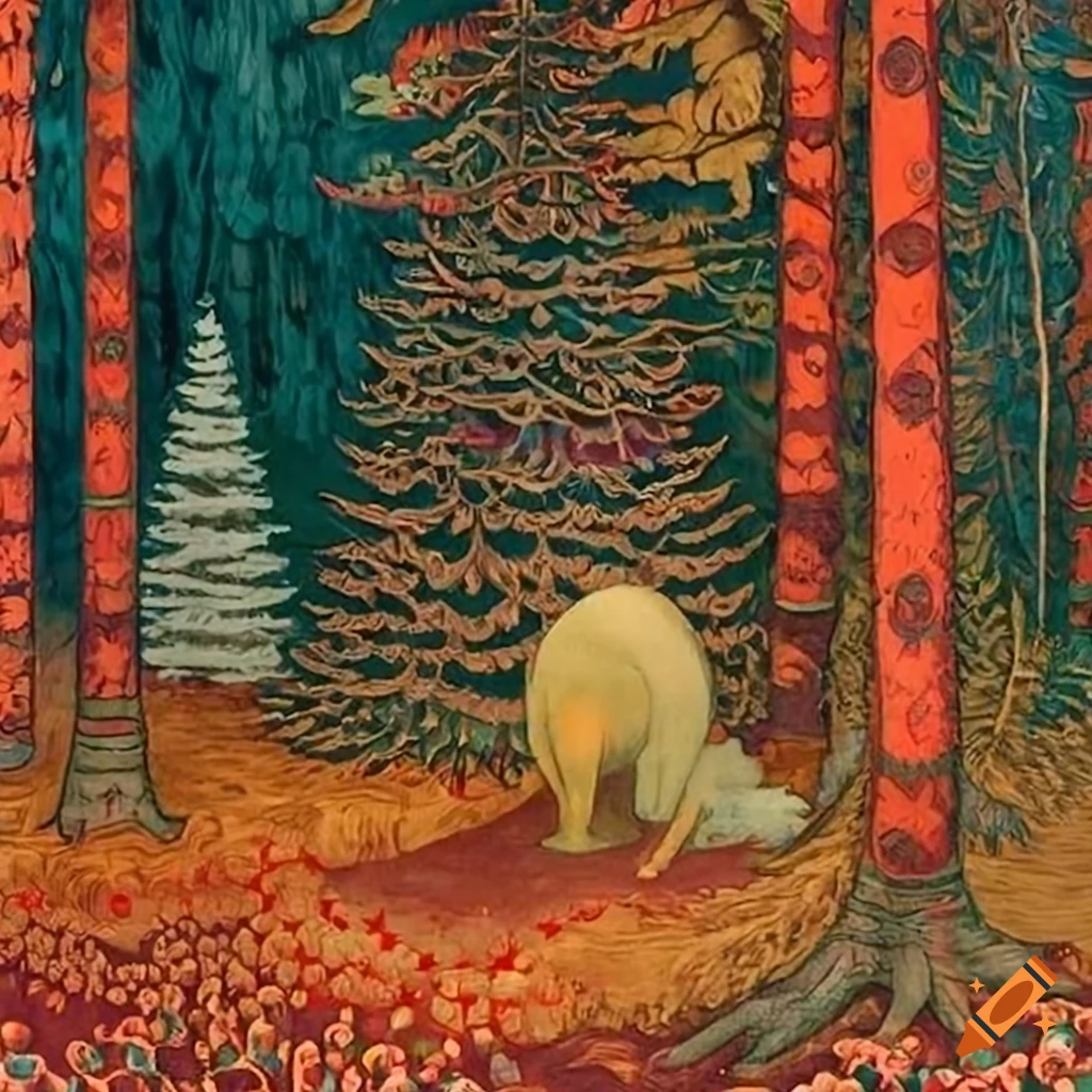 Festive christmas forest illustration with native salish and russian ...