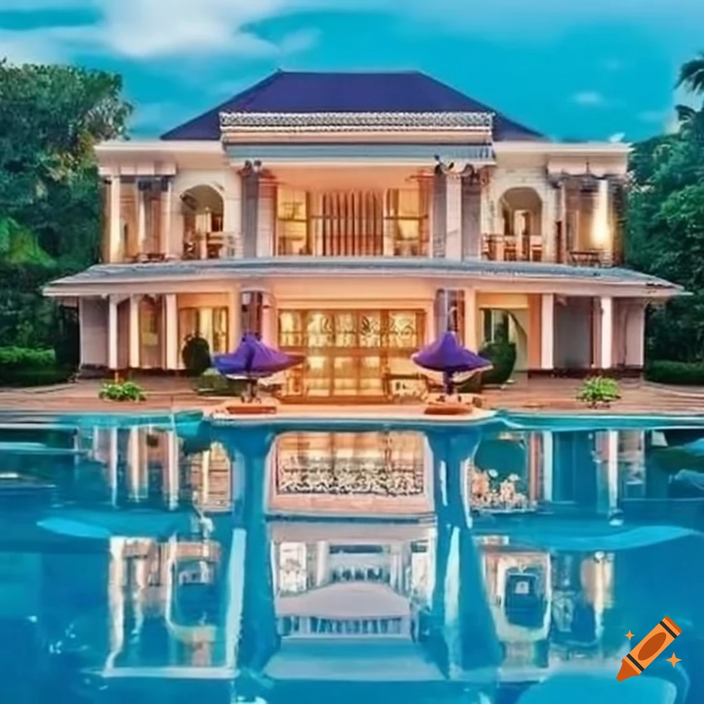Luxury mansion with palm trees, pool, and ocean view on Craiyon