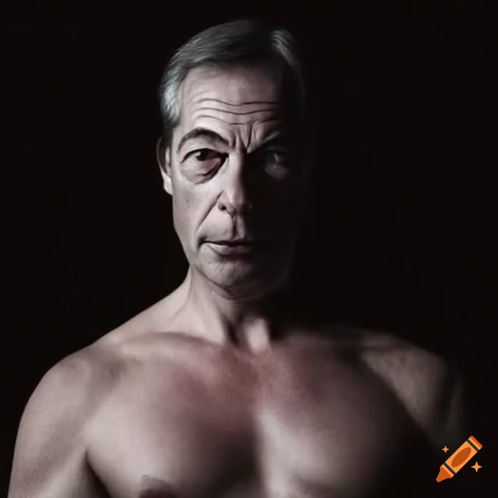 Satirical illustration of Nigel Farage flexing his muscles on Craiyon